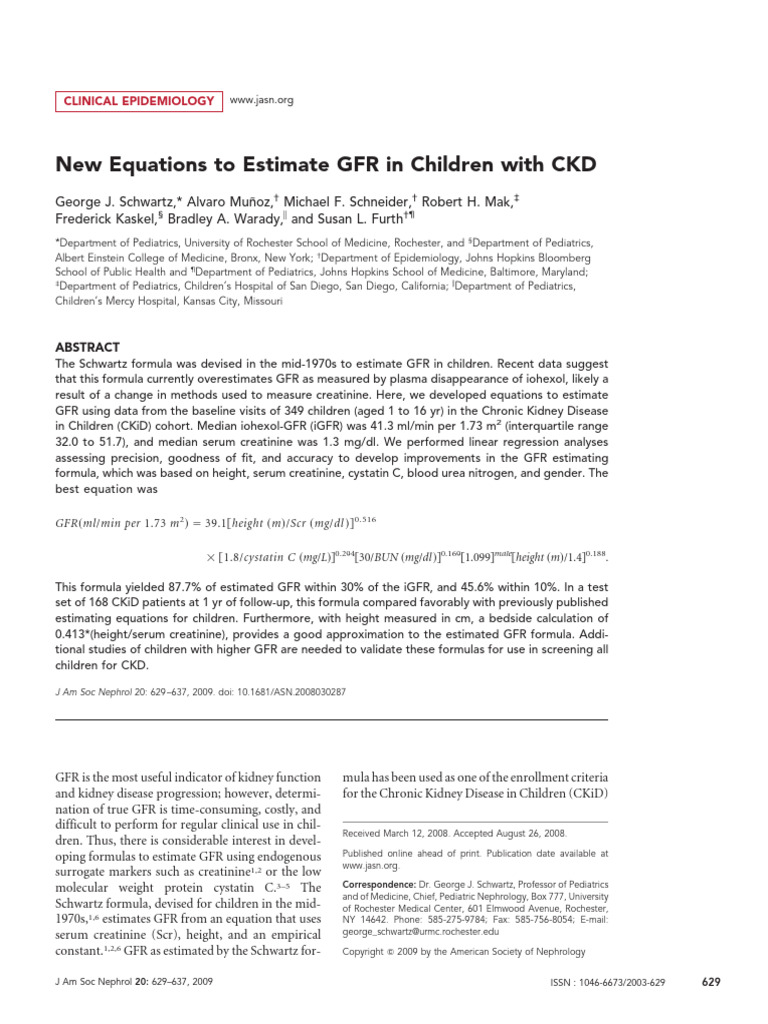 New Equations To Estimate GFR in Children With CKD | PDF | Creatinine ...
