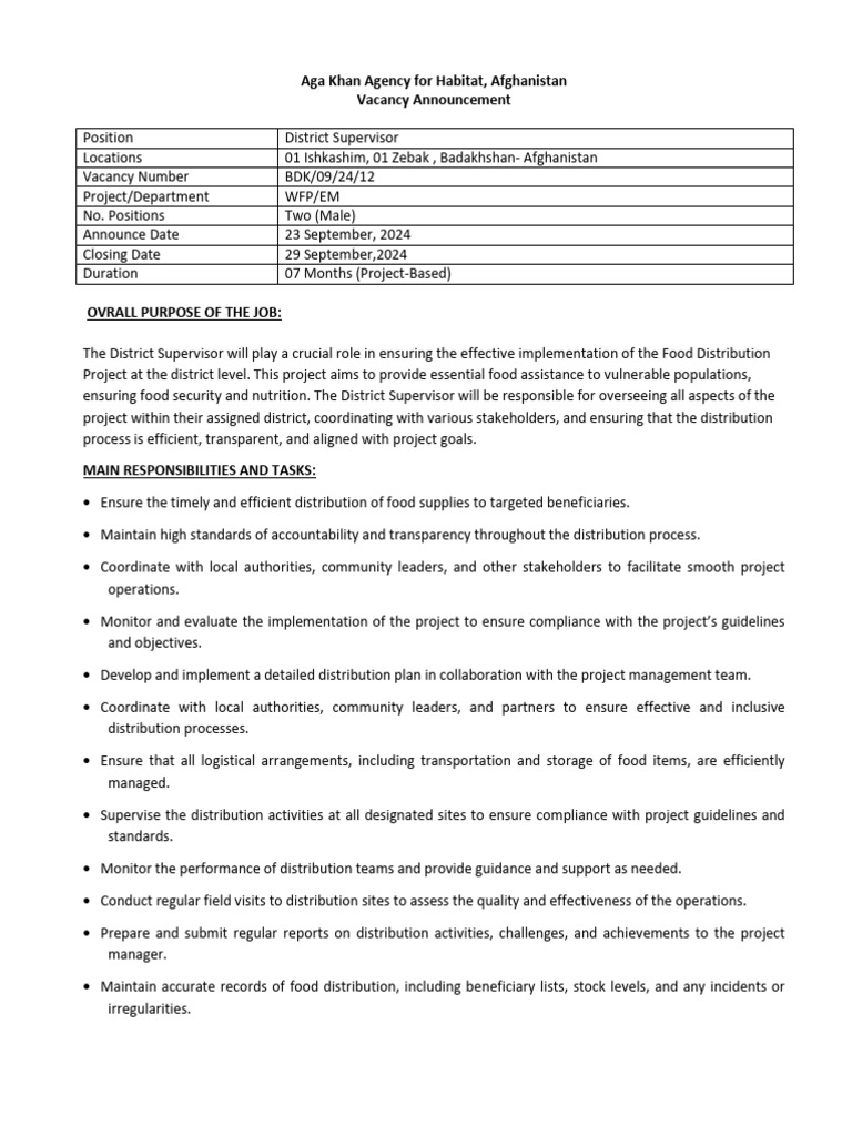 Job Announcement-District Supervisor (ISH) - 240924 - 180547 | PDF ...