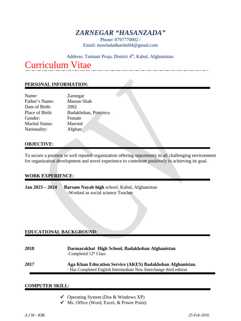 Zarnegar Hasanzada CV | PDF