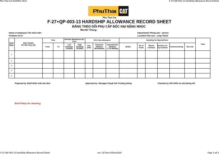 F-27+QP-003-13 Hardship Allowance Record Sheet | PDF