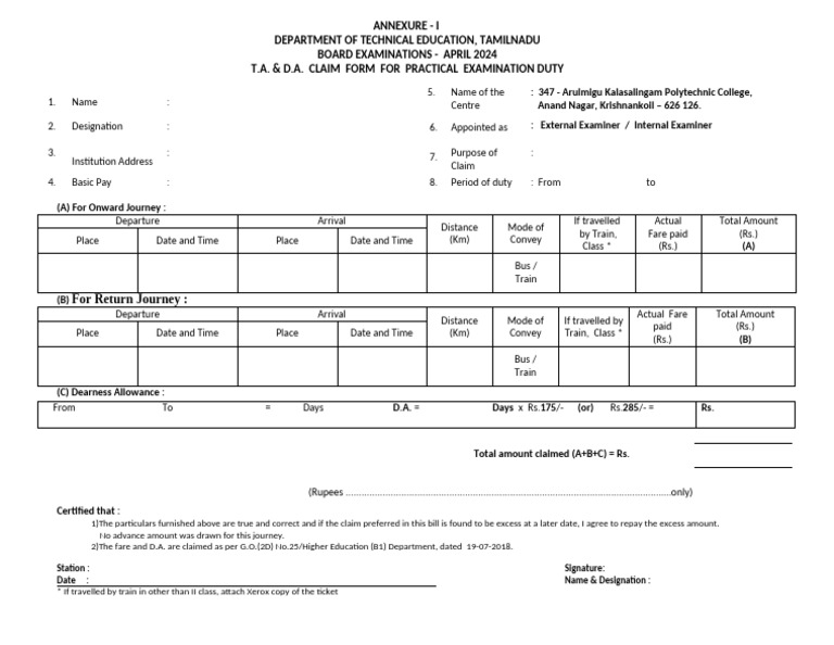 TA/DA Claim Form for Practical Exams | PDF | Public Transport | Transport