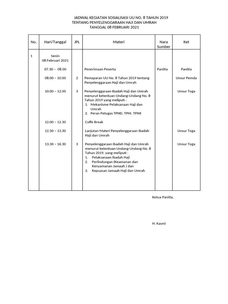Jadwal Kegiatan Sosialisasi Uu No | PDF