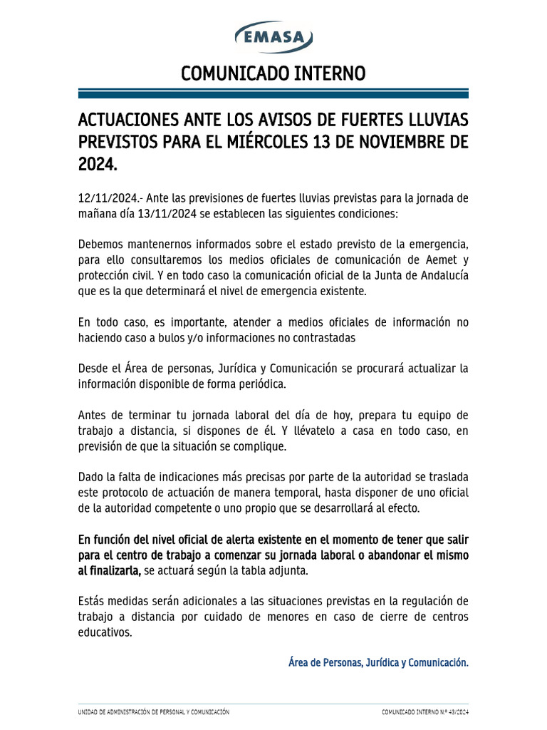 Comunicado - Interno - 54 - Aviso Por Fuertes Lluvias 20241113-1 | PDF