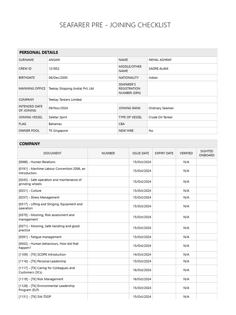 Seafarer Pre-Joining Checklist | PDF