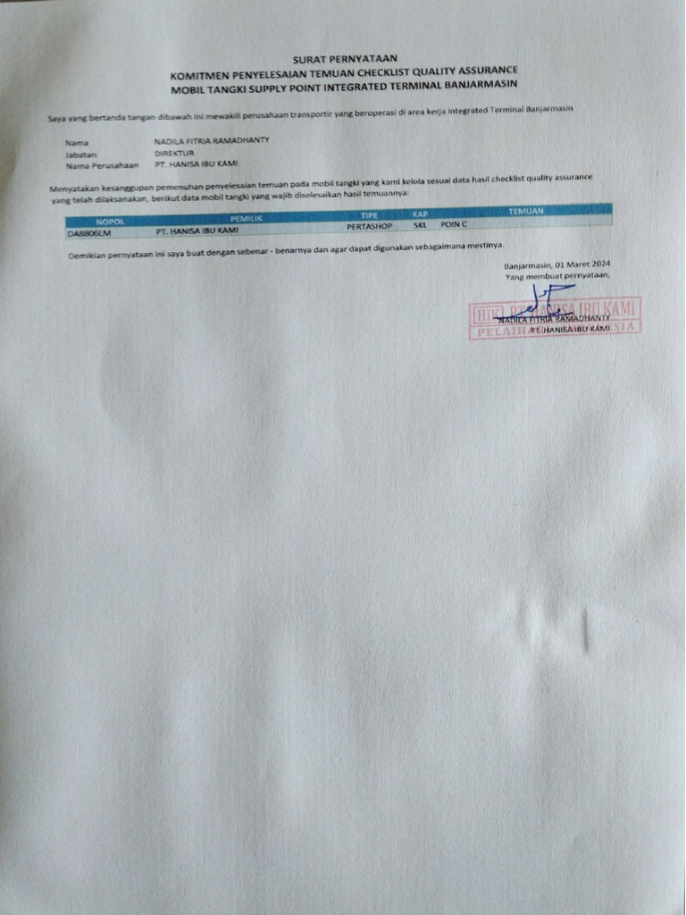 Surat Pernyataan PT. Hansa Ibu Kami | PDF