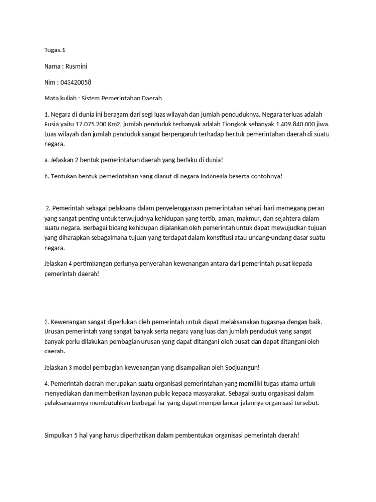 Tugas Tuton 1 - Sistem Pemerintahan Daerah | PDF | Karier & Perkembangan | Ilmu Sosial