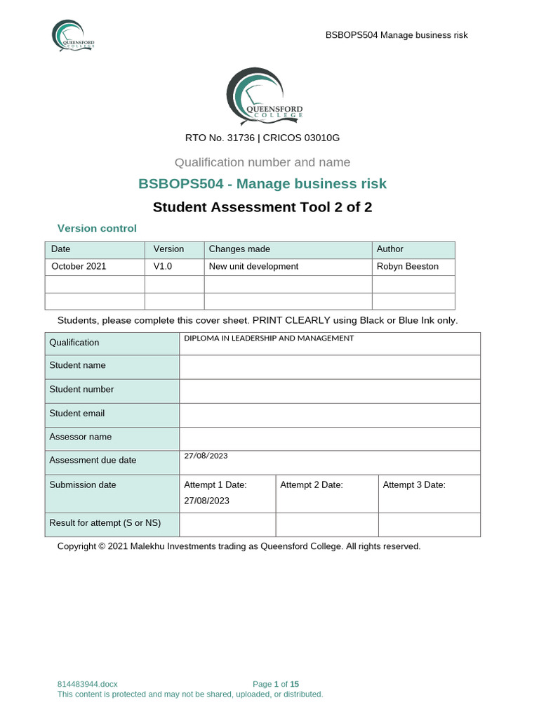 BSBOPS504 - AT 2 of 2 - Submission1 | PDF | Risk | Risk Management