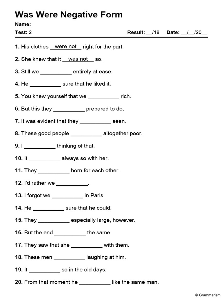 Grammarism Was Were Negative Test 2 1447129 | PDF | Language Arts ...