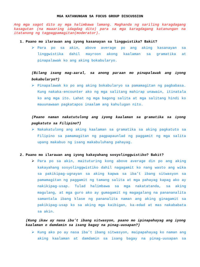 Kasagutan MGA KATANUNGAN SA FOCUS GROUP DISCUSSION | PDF