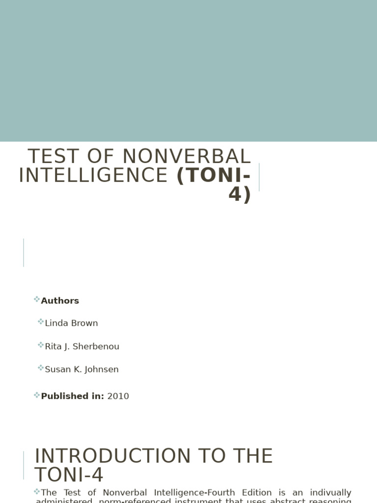 TONI-4 Nonverbal Intelligence Test Guide | PDF | Mental Disorder ...
