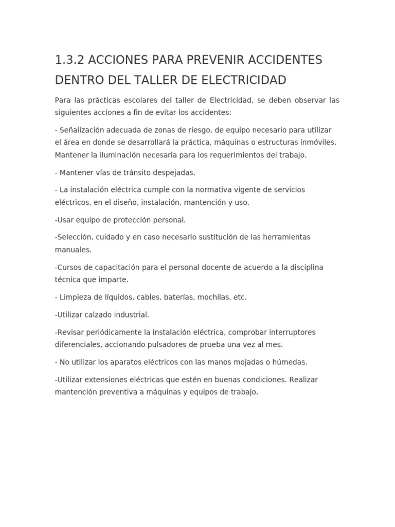 Acciones Para Prevenir Accidentes Dentro Del Taller De Elec Pdf 