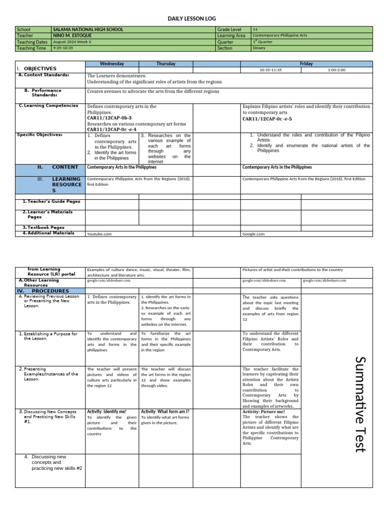 DAILY LESSON LOG in CONTEMPO Week 3 | PDF | Teachers | Learning