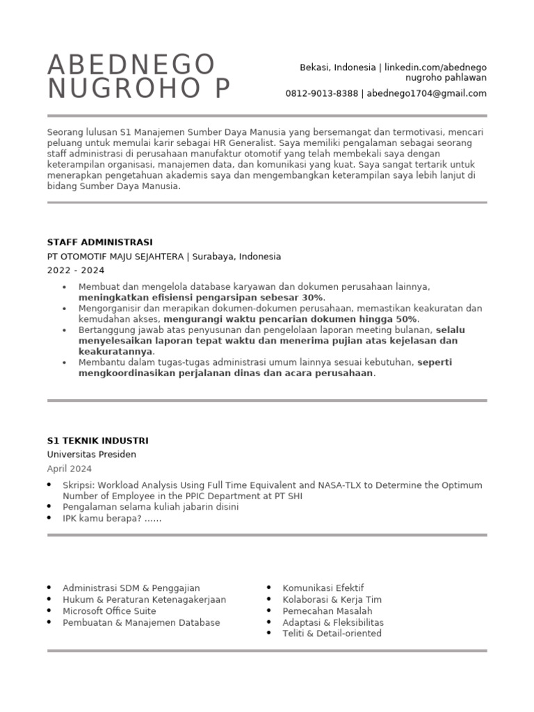 CV Staff Administrasi Fresh Graduate | PDF