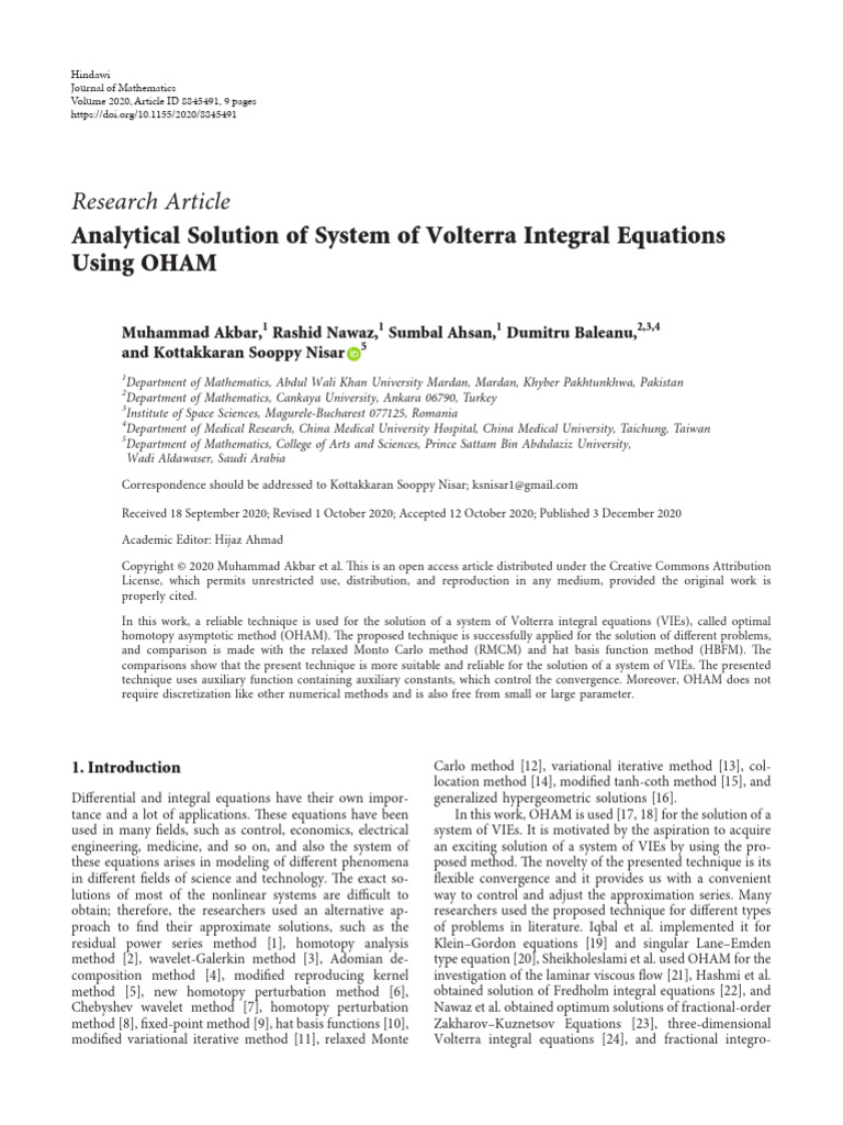 Analytical Solution of System of Volterra Integral | PDF | Integral Equation | Teaching Mathematics