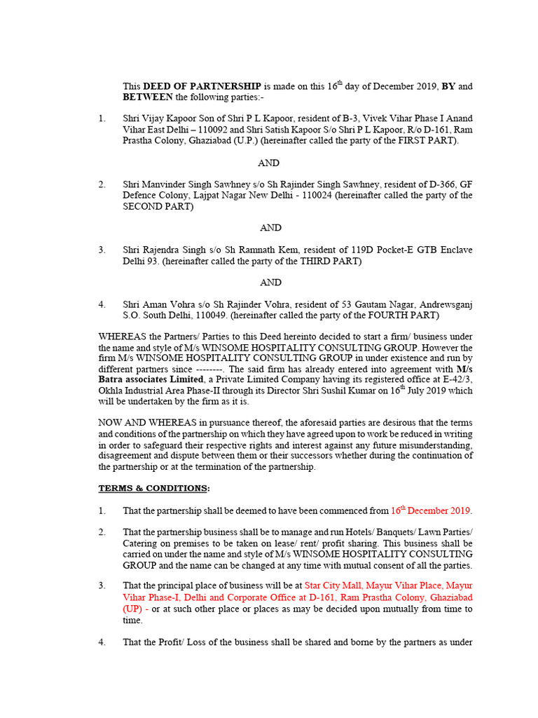 DEED OF PARTNERSHIP - New | PDF | Partnership | Civil Law (Legal System)