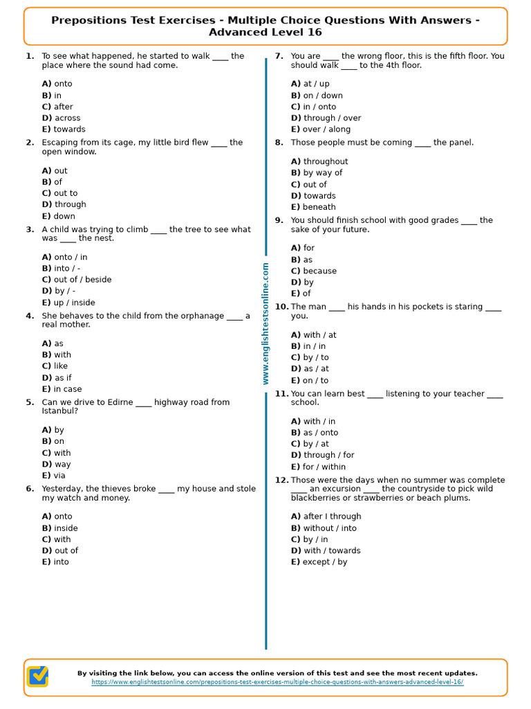 515 Prepositions Test Exercises Multiple Choice Questions With Answers ...