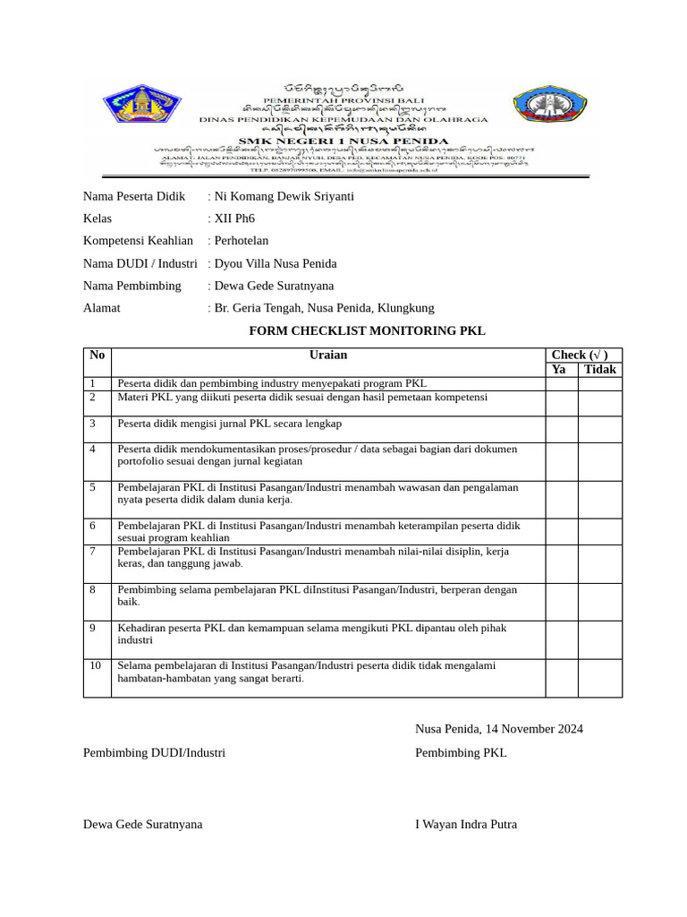 Checklist Monitoring PKL Perhotelan Nusa Penida | PDF