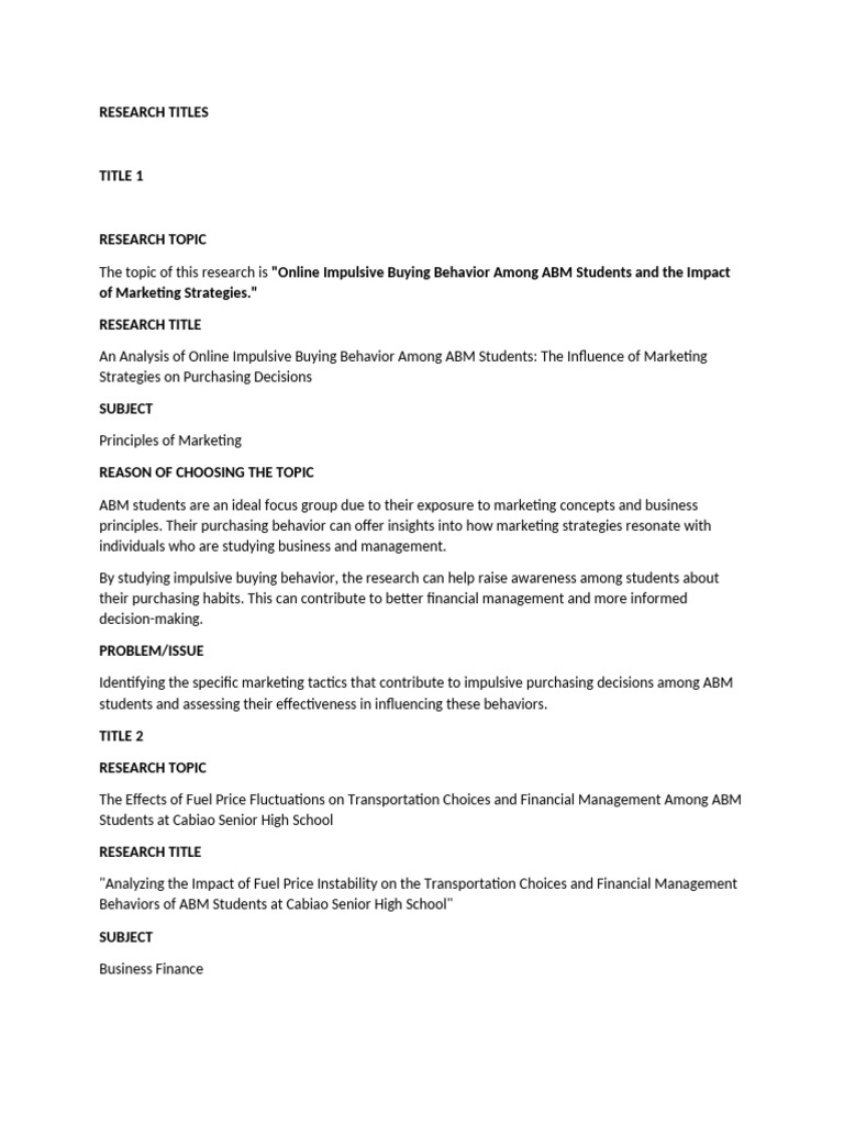 Research Titles | PDF | Business | Finance & Money Management