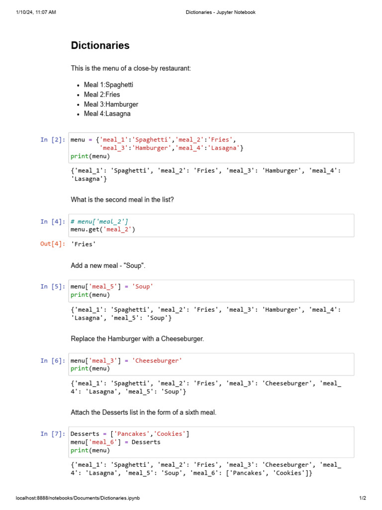 Dictionaries Jupyter Notebook Pdf Menu Hamburgers