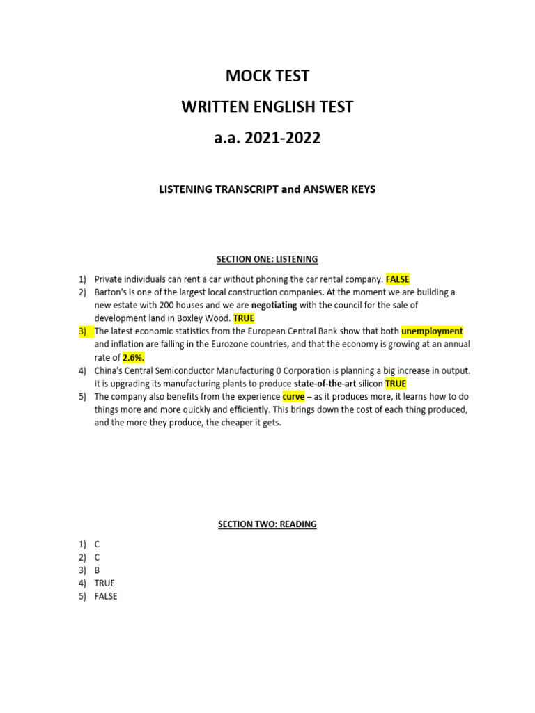 Listening Transcript and Answer Key Mock Test | PDF | Technology ...
