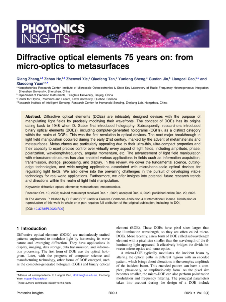 Diffractive Optical Elements 75 Years On: From Micro-Optics To Metasurfaces | PDF | Holography ...