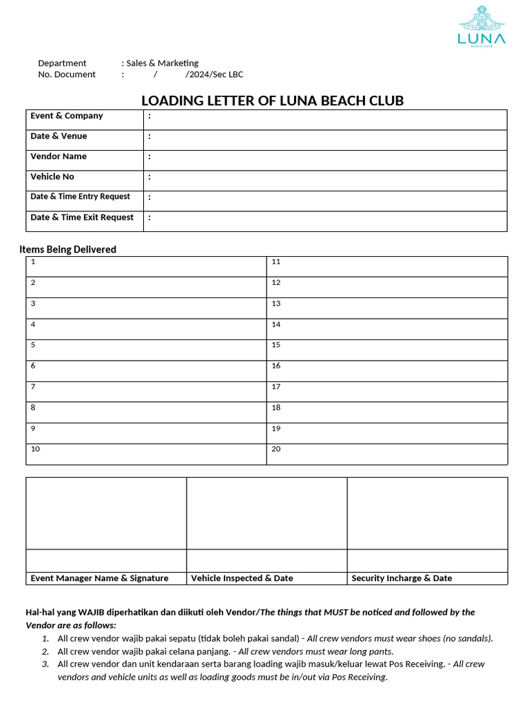 Loading Letter Template Luna Beach Club | PDF