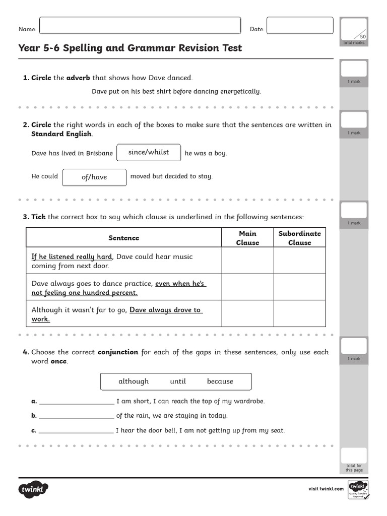 Year 5-6 Grammar Revision Test | PDF | Sentence (Linguistics) | Verb