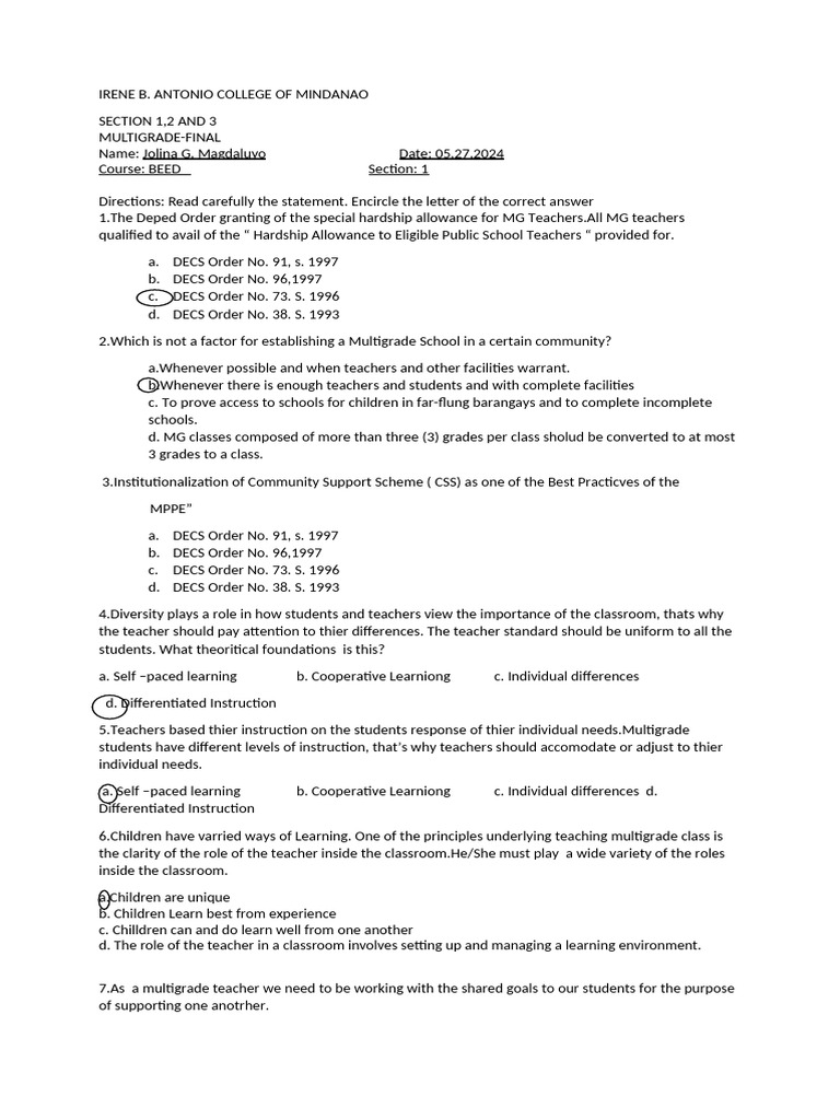 Multigrade-TEST-PCF-FINAL JOLINA - 100445 | PDF | Curriculum | Teachers