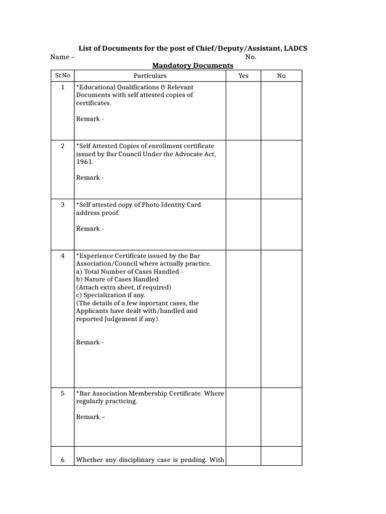 List of Documents For The Post of Cheif Deputy and Assistant | PDF ...