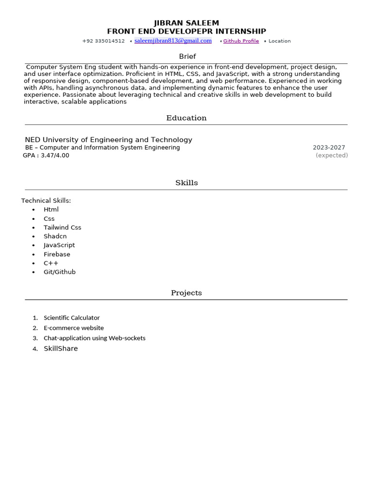 Jibran Saleem Front End Developepr Internship: Brief | PDF