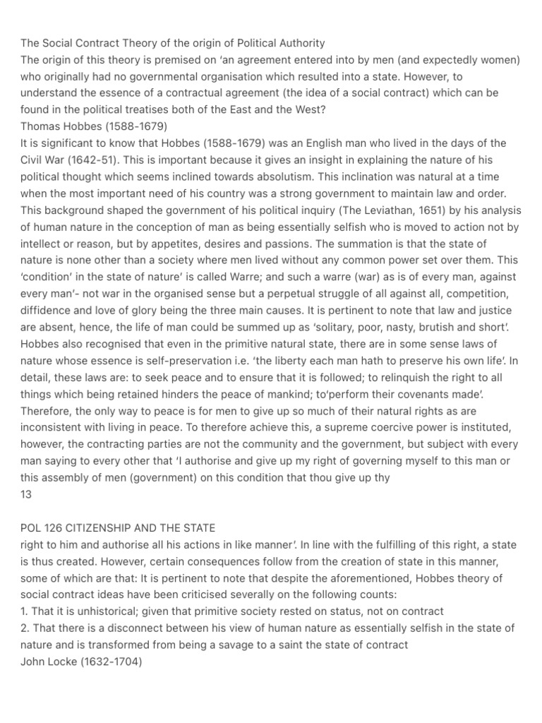 The Social Contract Theory of The Origin of Political Authority | PDF ...