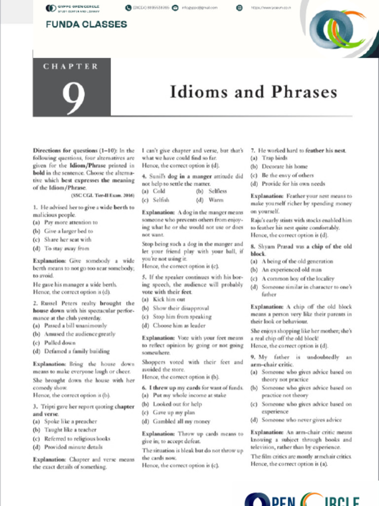 Class 8 9 10 IDIOMS Self Study and MCQs | PDF