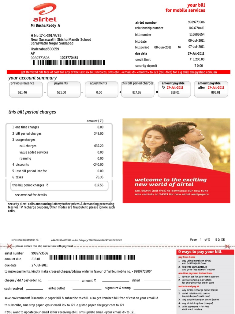Your Account Summary: Airtel Number MR Bucha Reddy A | PDF | Invoice ...