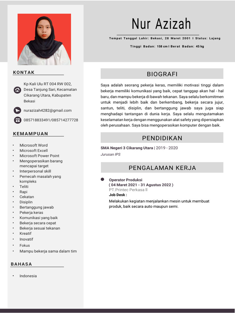 Surat Lamaran Pekerjaan Nur Azizah | PDF