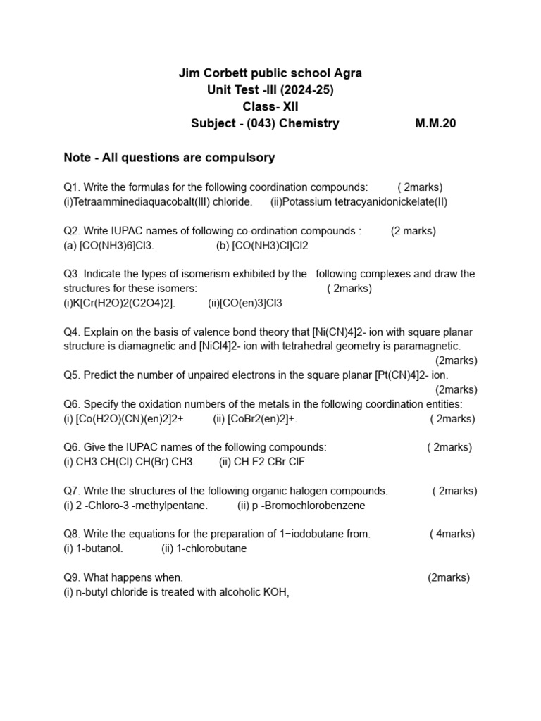 Jim Corbett Public School Agra Unit Test - III (2024-25) Class-XII ...