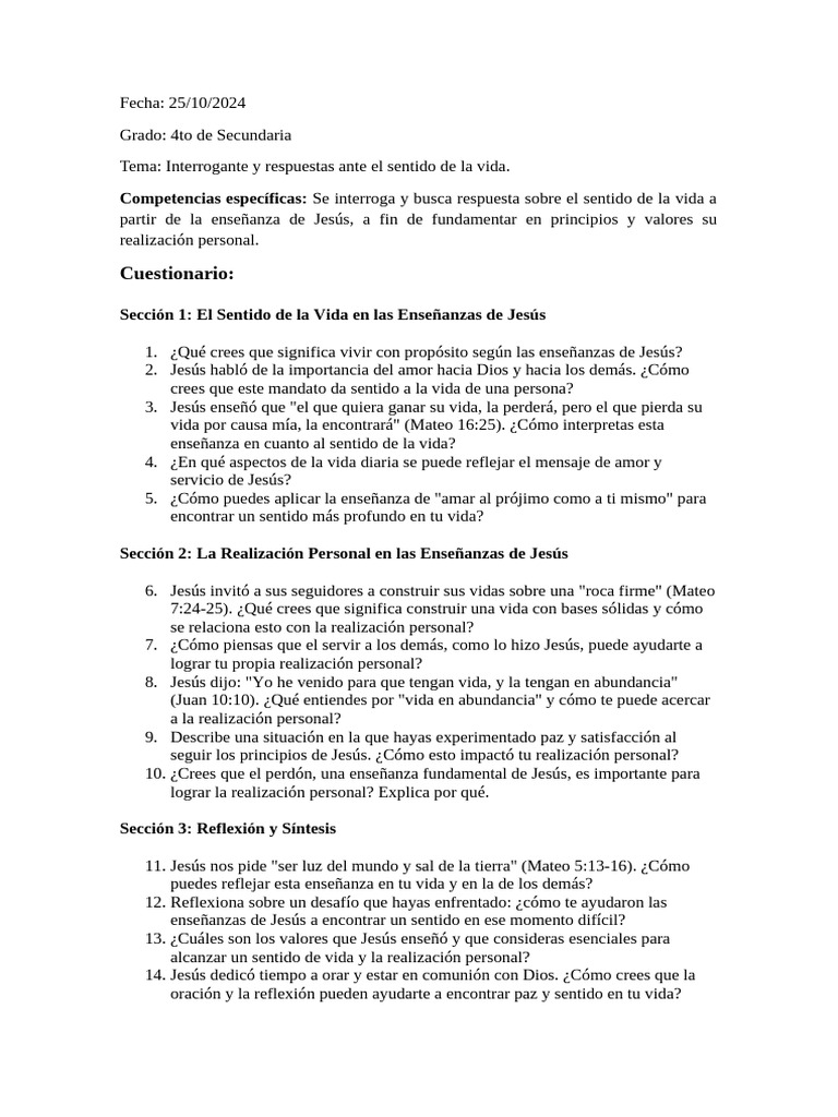 Cuestionario Sobre El Sentido de La Vida A Partir de La Ense Anza de Jes S de Nazaret | PDF ...