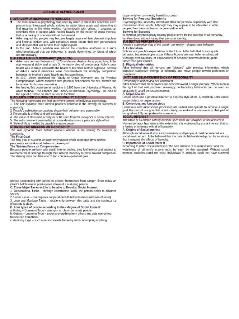 LESSON 3-ALFRED ADLER | PDF | Cognition | Behavioural Sciences