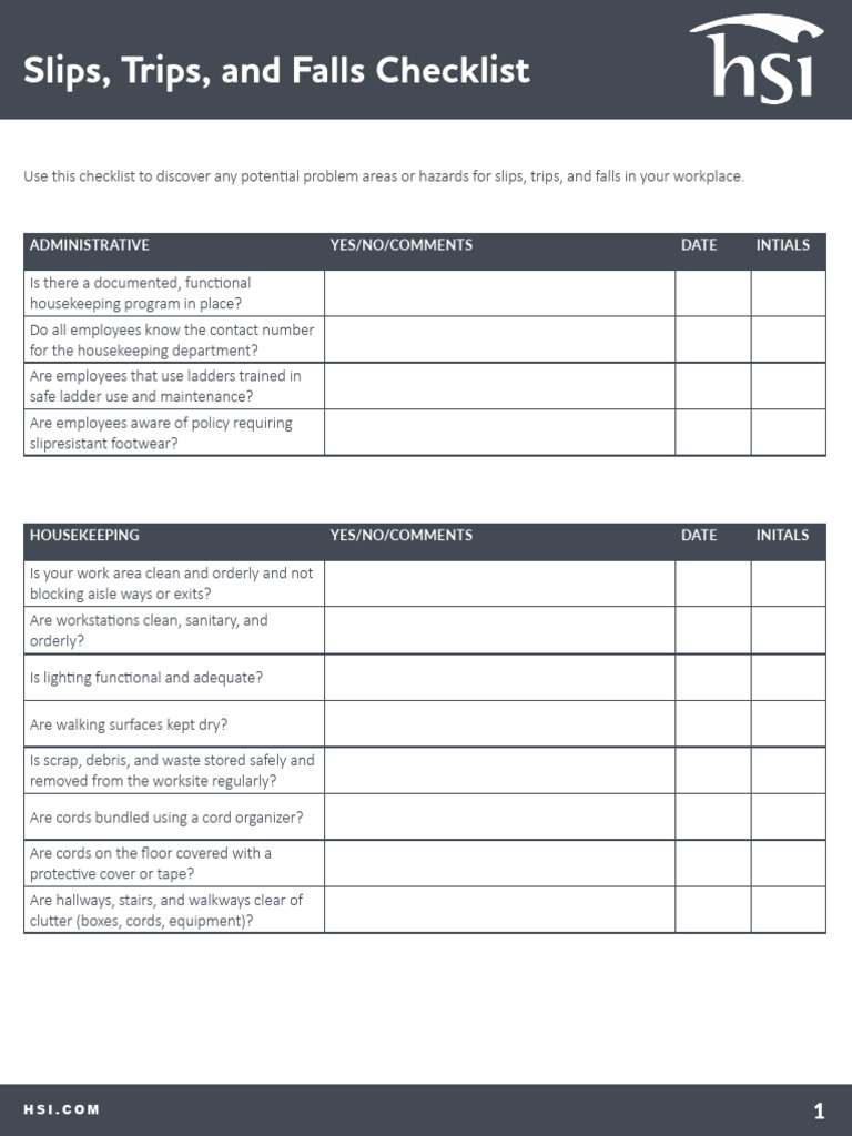 Slips Trips and Falls Checklist | PDF | Housekeeping | Stairs