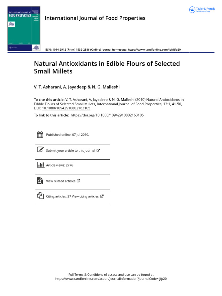 Natural Antioxidants in Edible Flours of Selected Small Millets | PDF ...