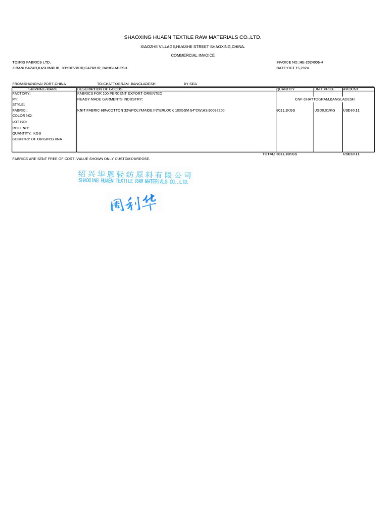 259rolls He 2024005 4 Invoice&Pl | PDF | Textiles | Textile Industry