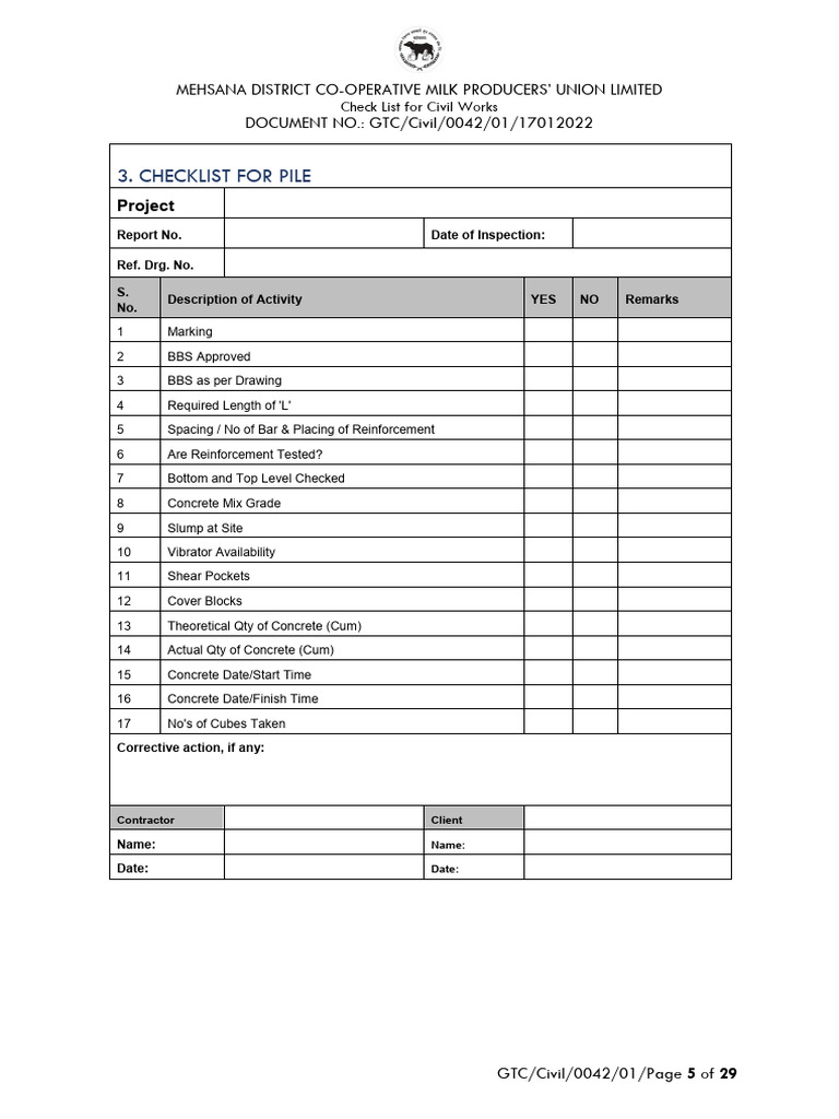 Civil 0042 Checklist For Civil Works-6-11 | PDF | Concrete | Materials