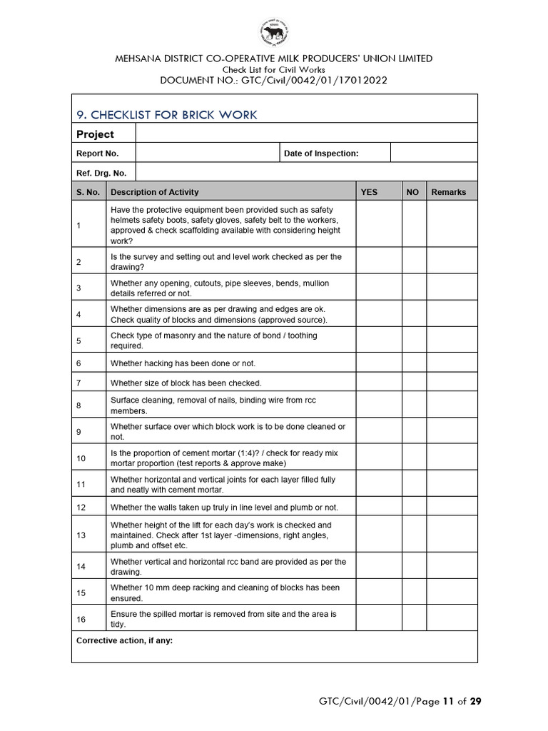 Civil 0042 Checklist For Civil Works-12-18 | PDF | Concrete | Plaster