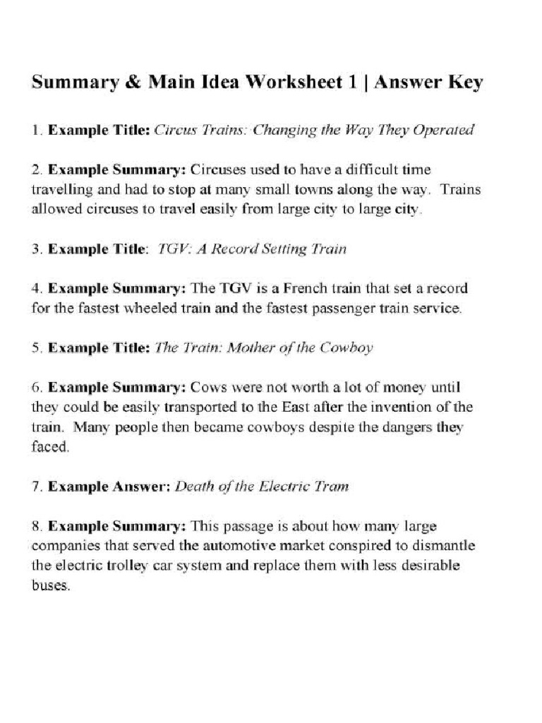 Answers Summary-And-Main-Idea-Worksheet-1 PDF | PDF