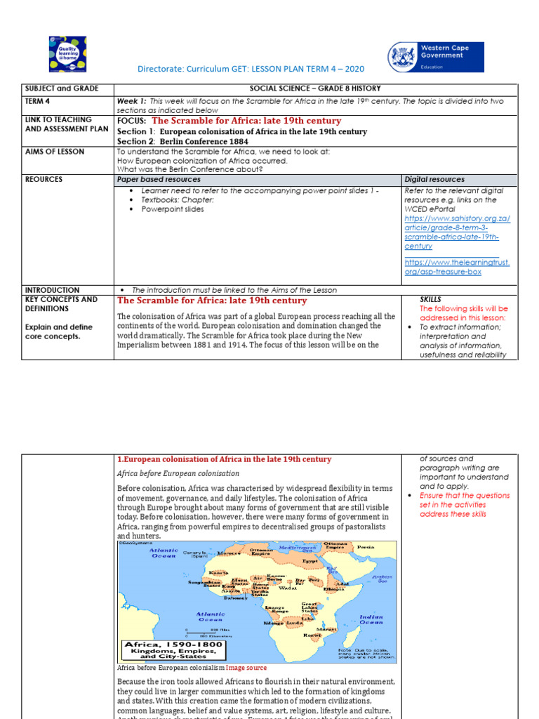 Lesson Plan Grade 8 SS History T4 W1 1 | PDF | Colonialism | Africa