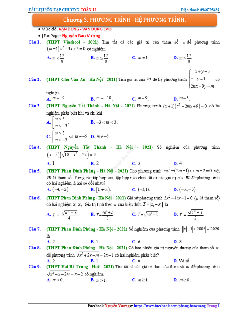 190 Câu Hỏi Trắc Nghiệm-PT- HPT - Mức Độ 3-4 | PDF