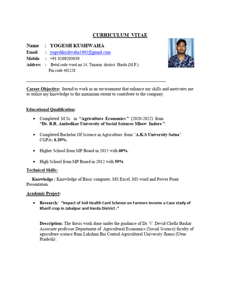 Yogesh Kushwaha CV - Agriculture Expert | PDF