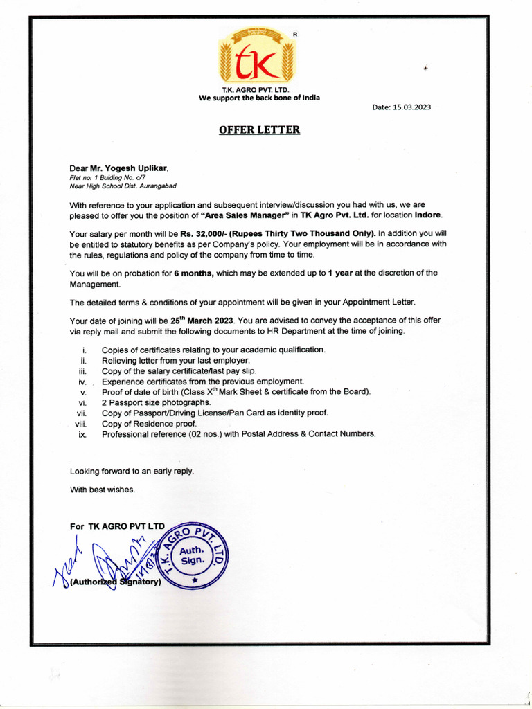 Yogesh Offer Letter | PDF