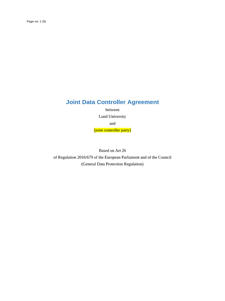 Joint Data Controller Agreement TEMPLATE - 2020-10-09 | PDF | Legal ...