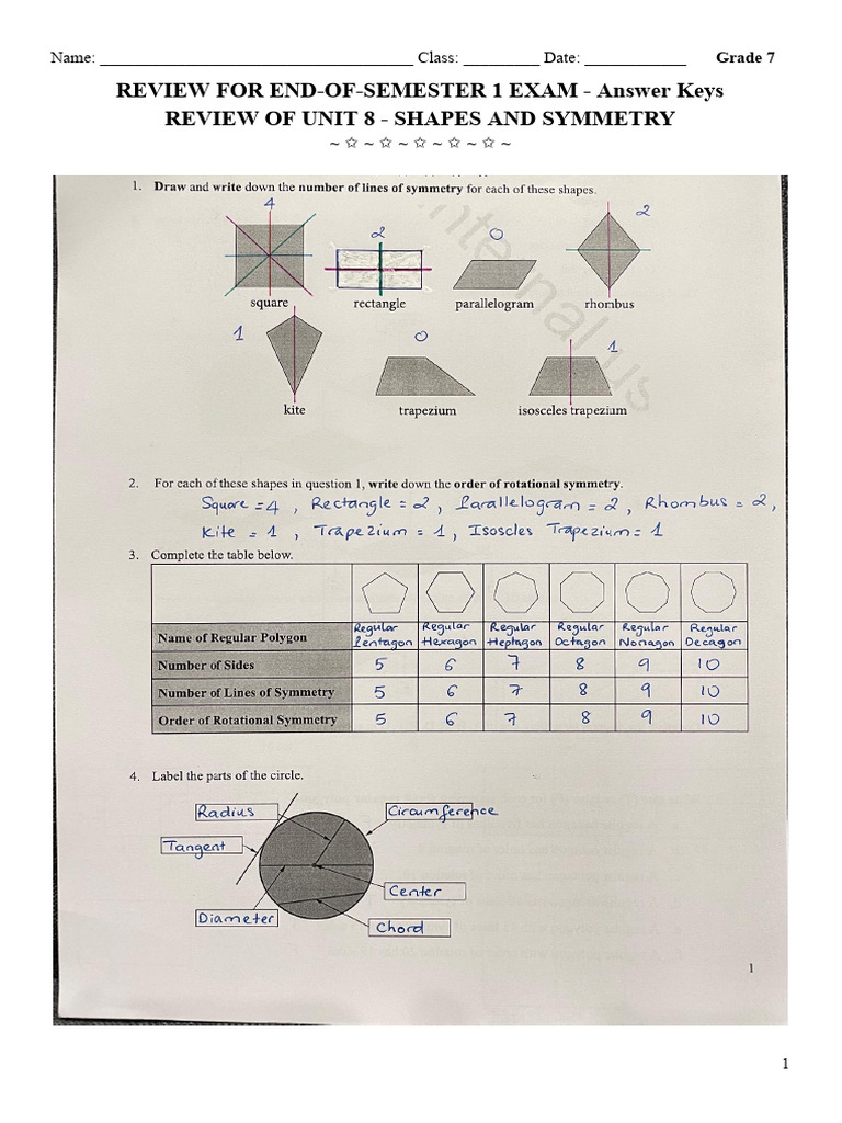 Grade 7 - EoS1 Review (Answer Keys) | PDF