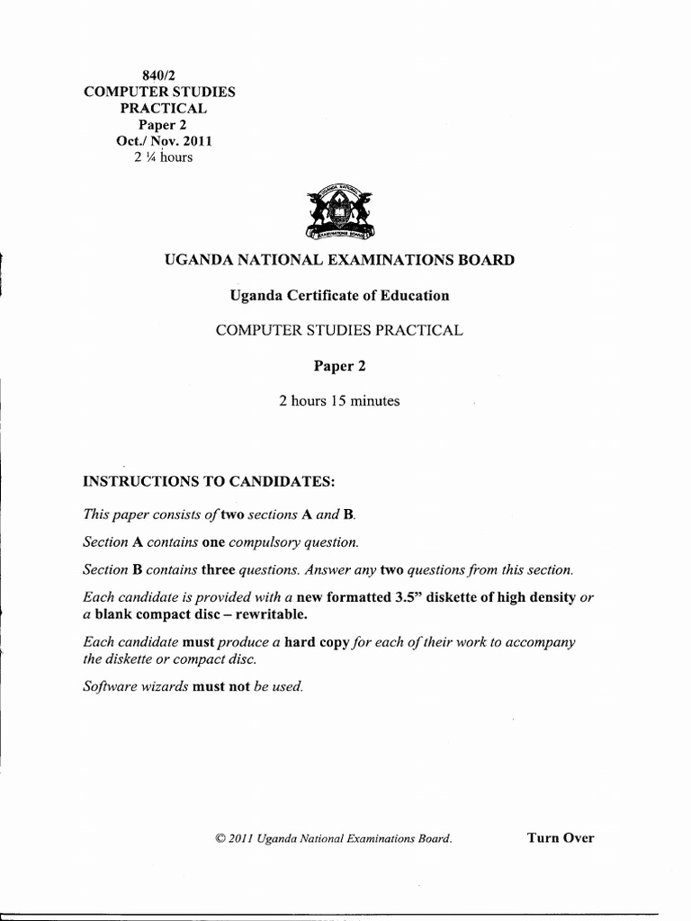 840 Computer Studies UNEB 2011 Paper Two Practical | PDF | Cakes | Grilling